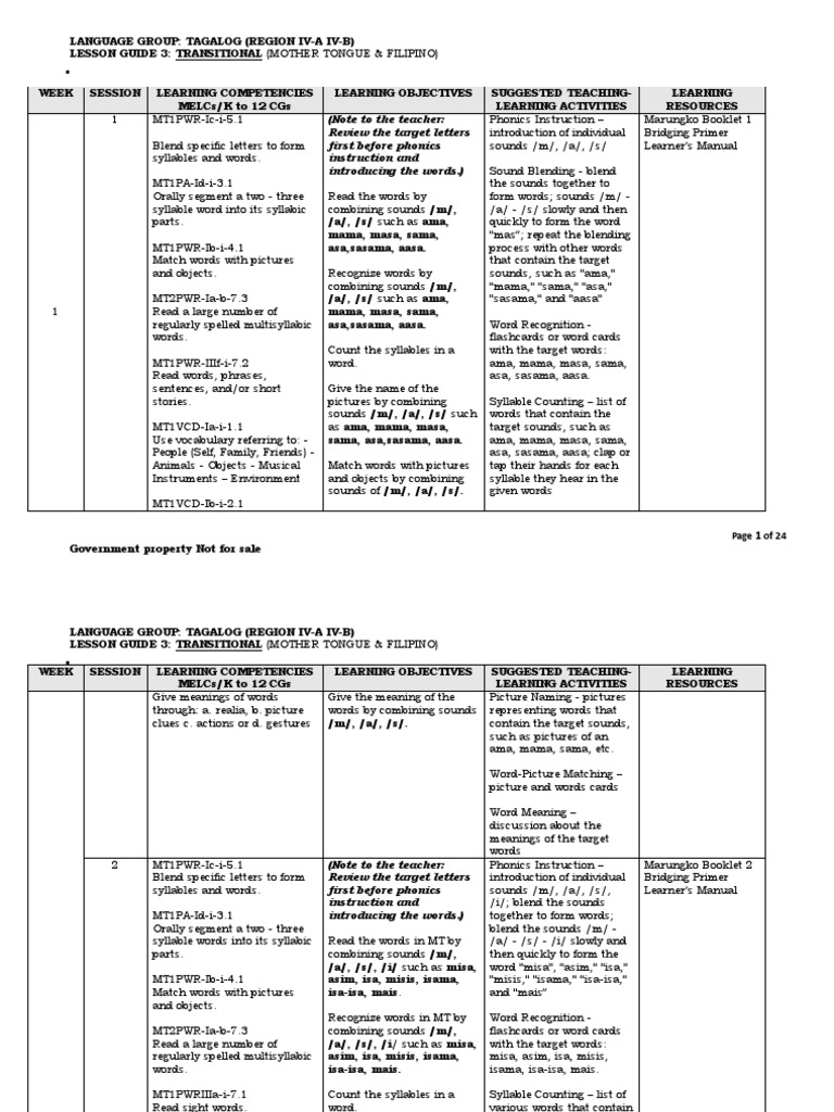TAGALOG LessonGuide3 Transitioning | PDF | Phonics | Reading Comprehension