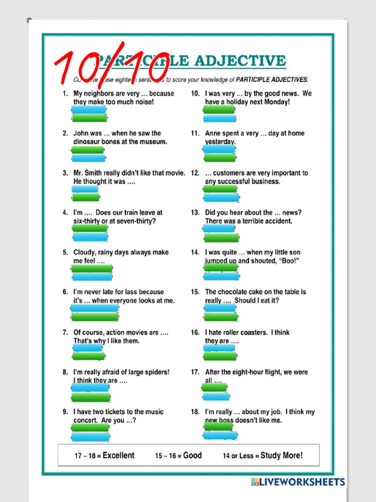 Participle Adjectives Online Worksheet | PDF