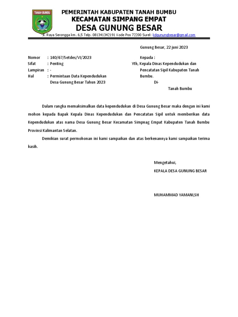 Surat Permintaan Data Penduduk Ke Capil 2023 | PDF