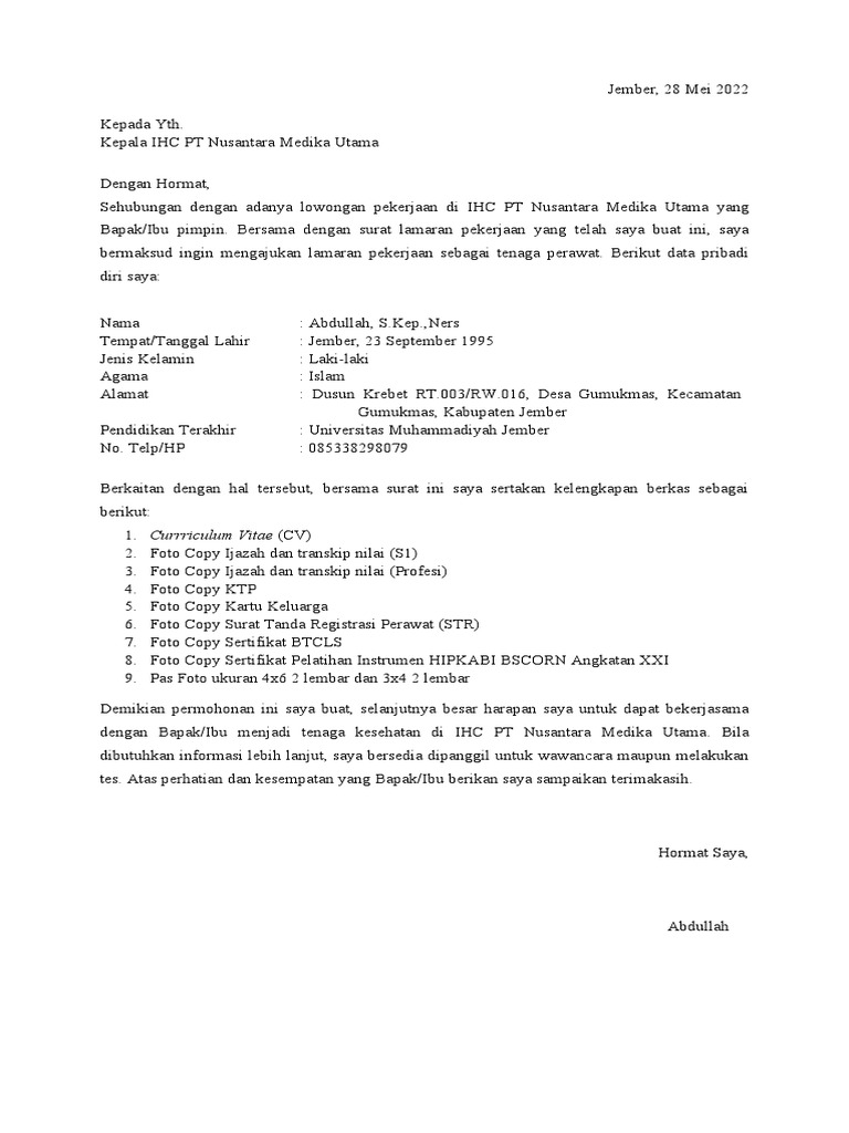 Surat Lamaran Ihc | PDF