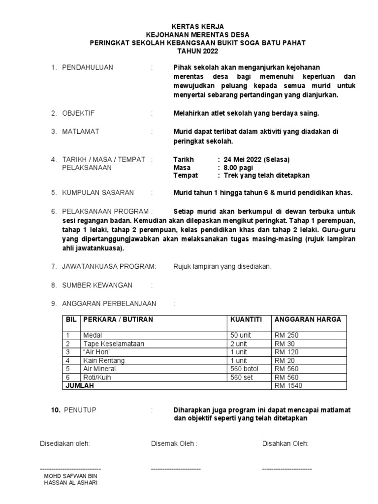 Kertas Kerja Merentas Desa Soga & AJK 2022 2023 | PDF