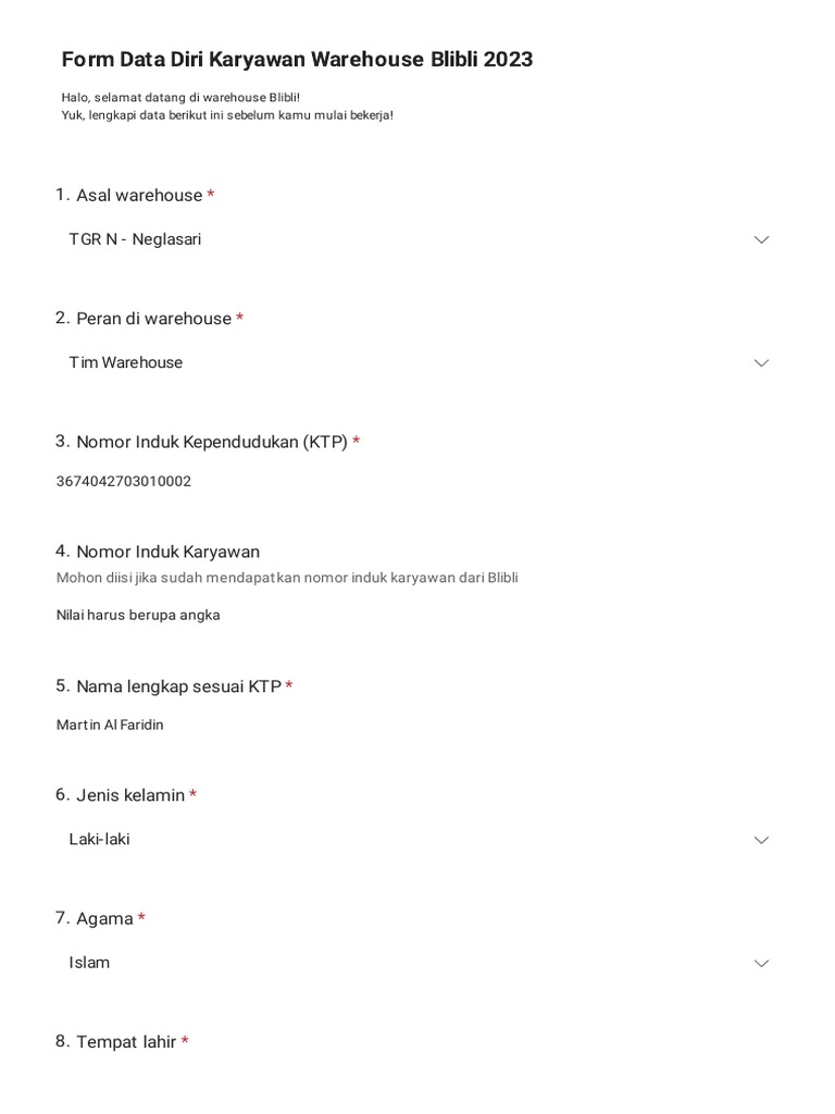 Form Data Diri Karyawan Warehouse Blibli 2023 | PDF