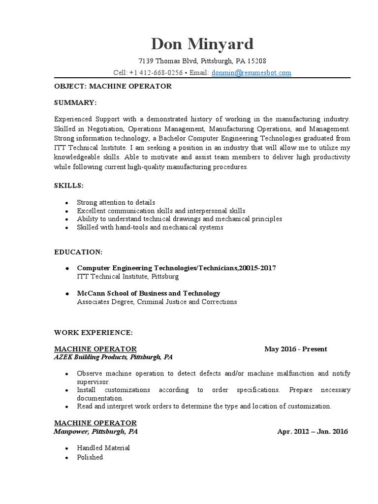 Machine Operator Resume Example | PDF | Machines | Technical Drawing