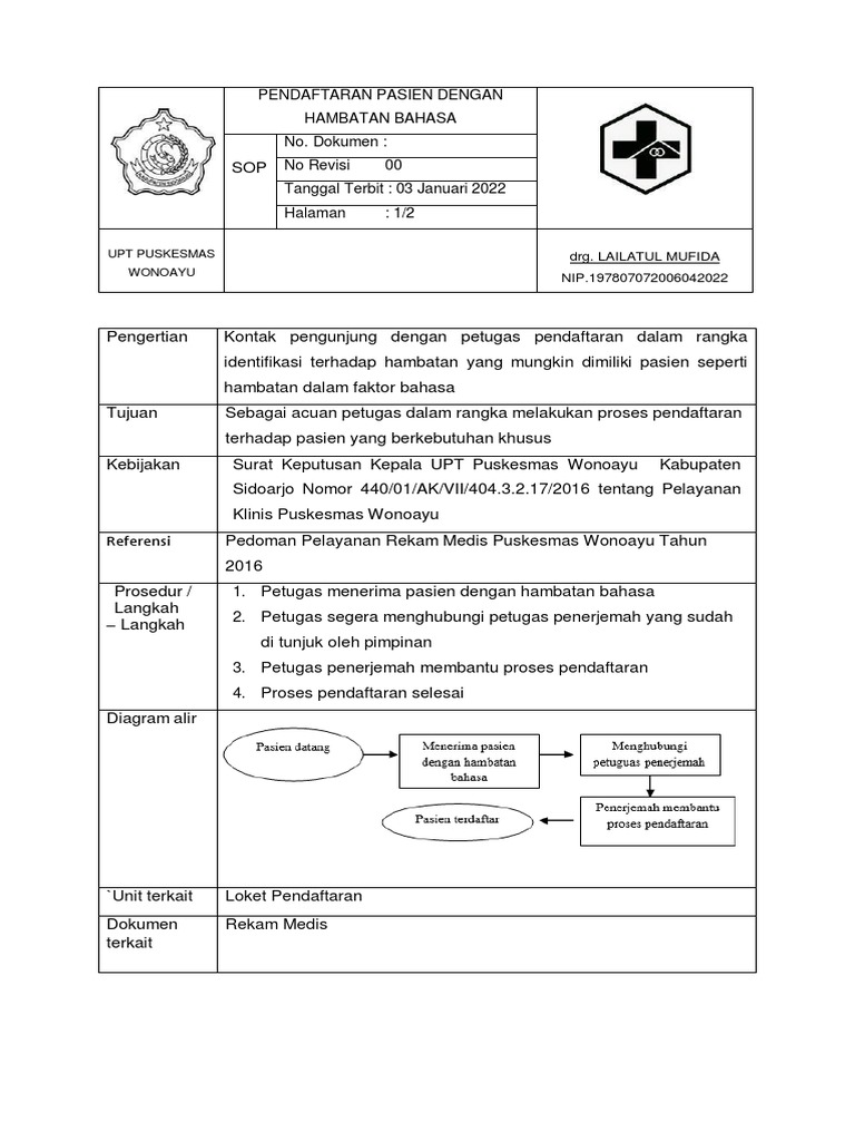 SOP Pendaftaran Pasien Hambatan Bahasa | PDF