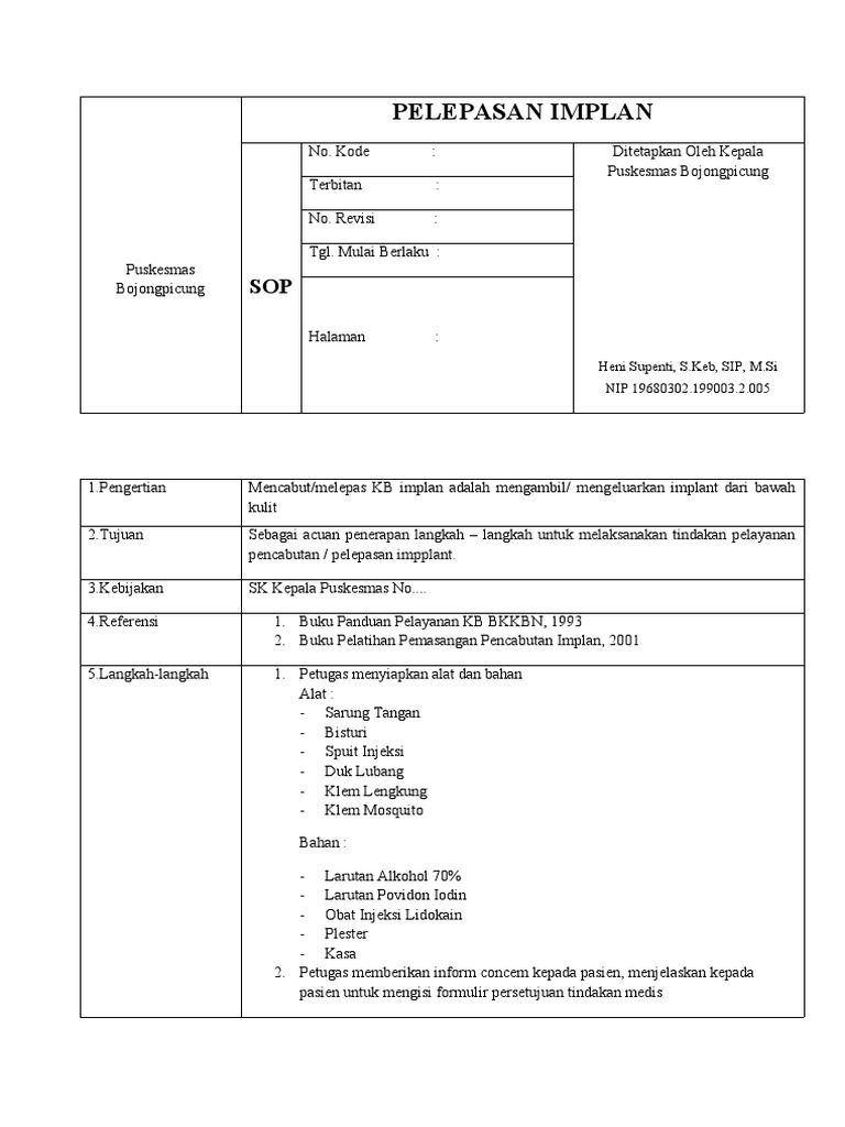 SOP Pencabutan KB Implan di Puskesmas | PDF