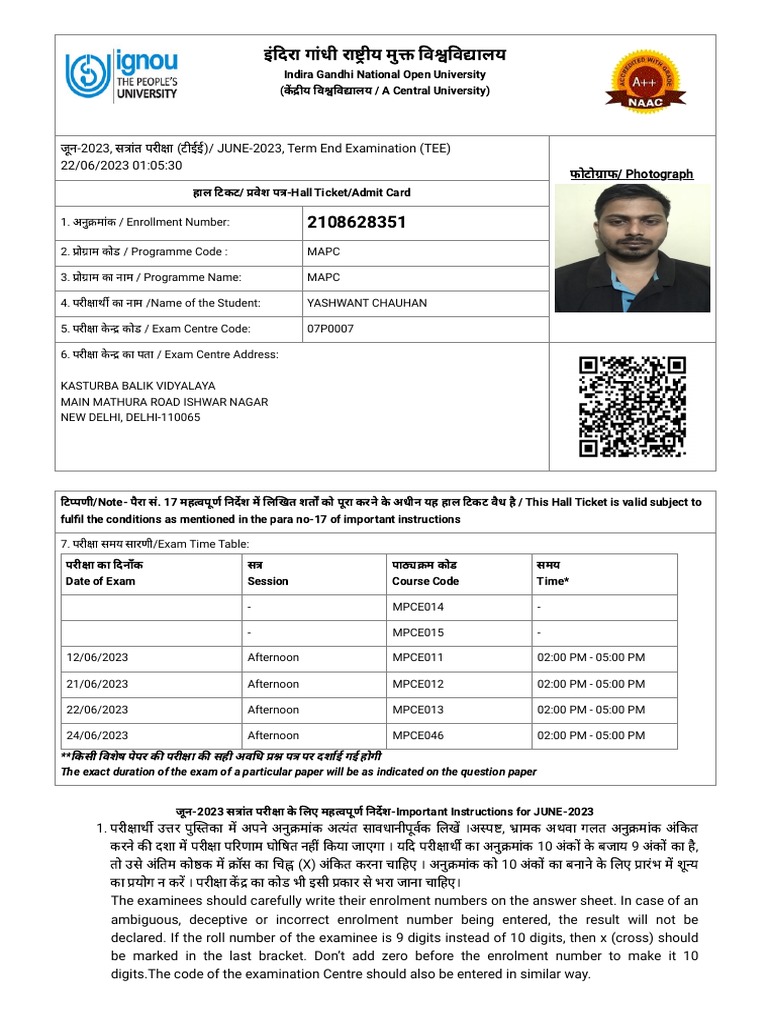 Ignou June-2023 - Hall Ticket - Admit Card | PDF
