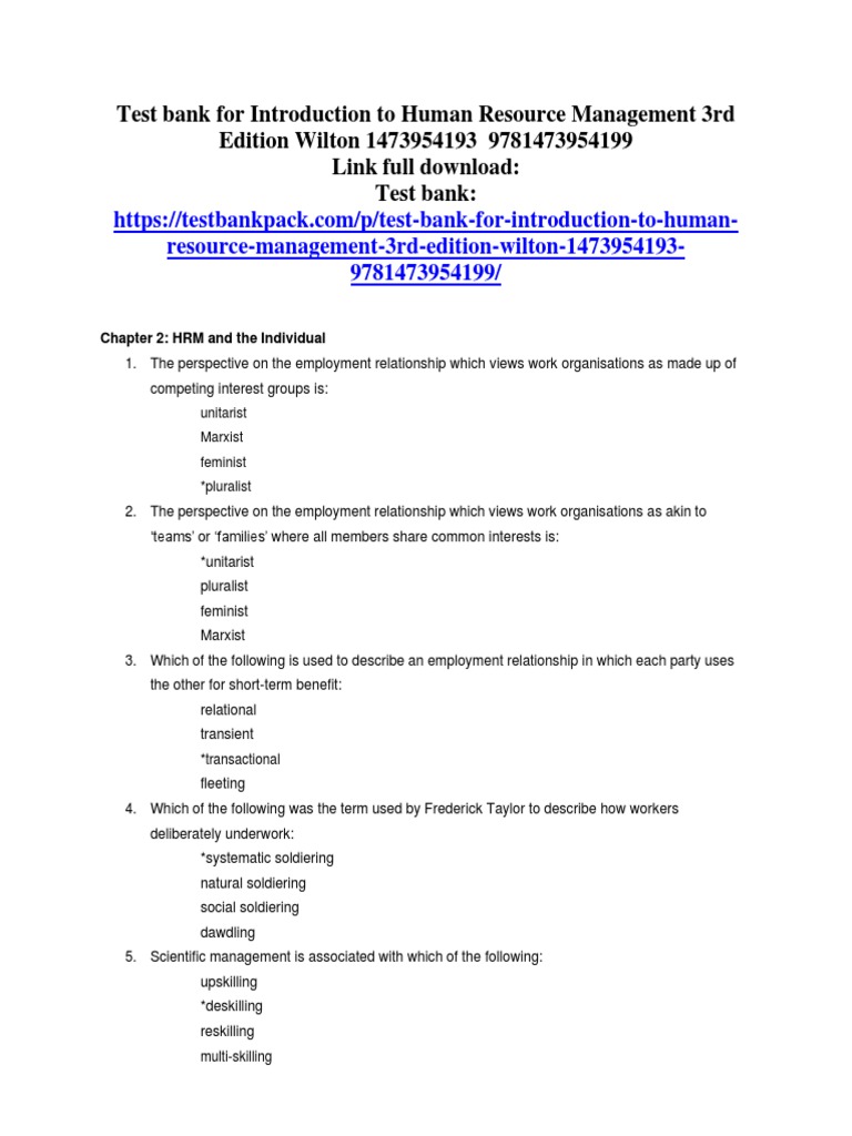 Introduction To Human Resource Management 3rd Edition Wilton Test Bank ...