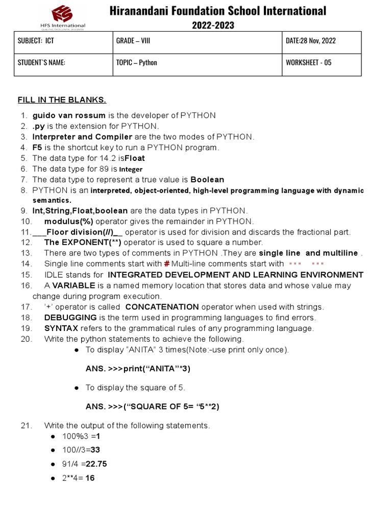 Grade 8 Python Worksheet SEO | PDF | Python (Programming Language) | Data Type