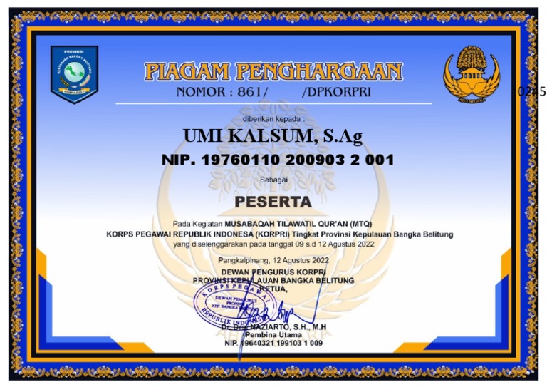 Piagam Peserta MTQ | PDF