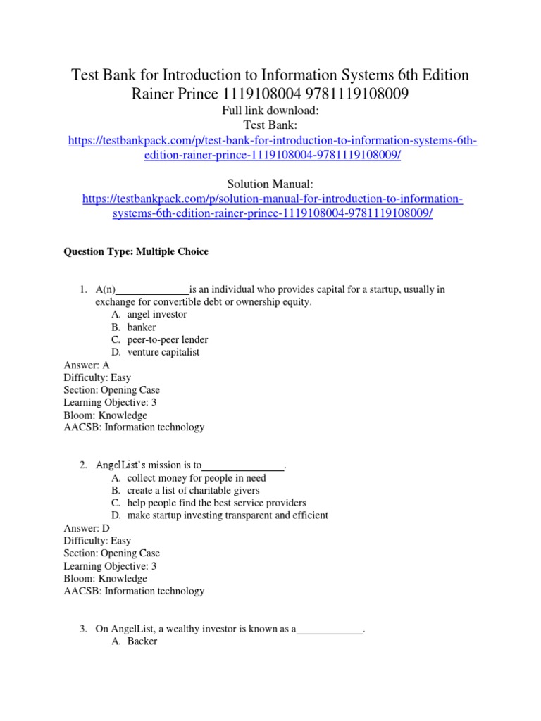 Introduction To Information Systems 6th Edition Rainer Prince Test Bank ...