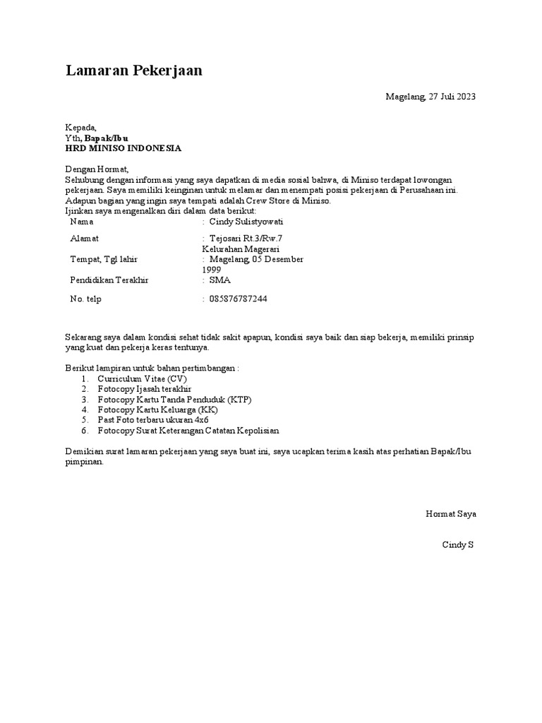 Lamaran Kerja Miniso | PDF