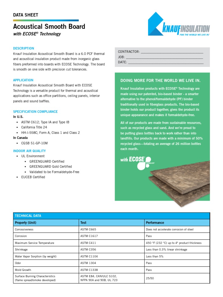 Knauf Acoustical Smooth Board Data Sheet | PDF