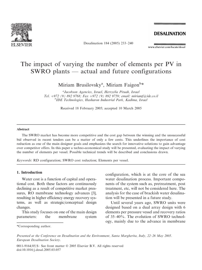 The Impact of Varying The Number of PV in SWRO Plants | PDF