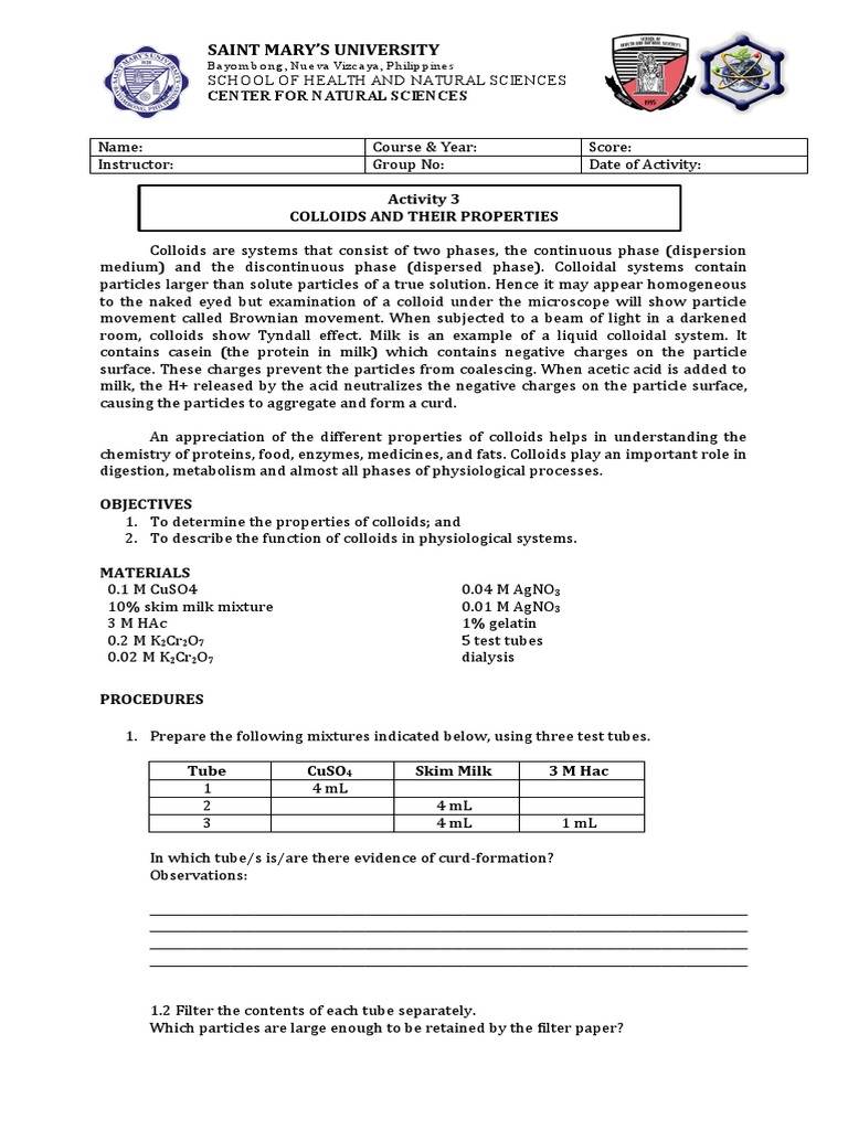 Lab 3 Colloids And Their Properties 2 Pdf Colloid Physical Chemistry