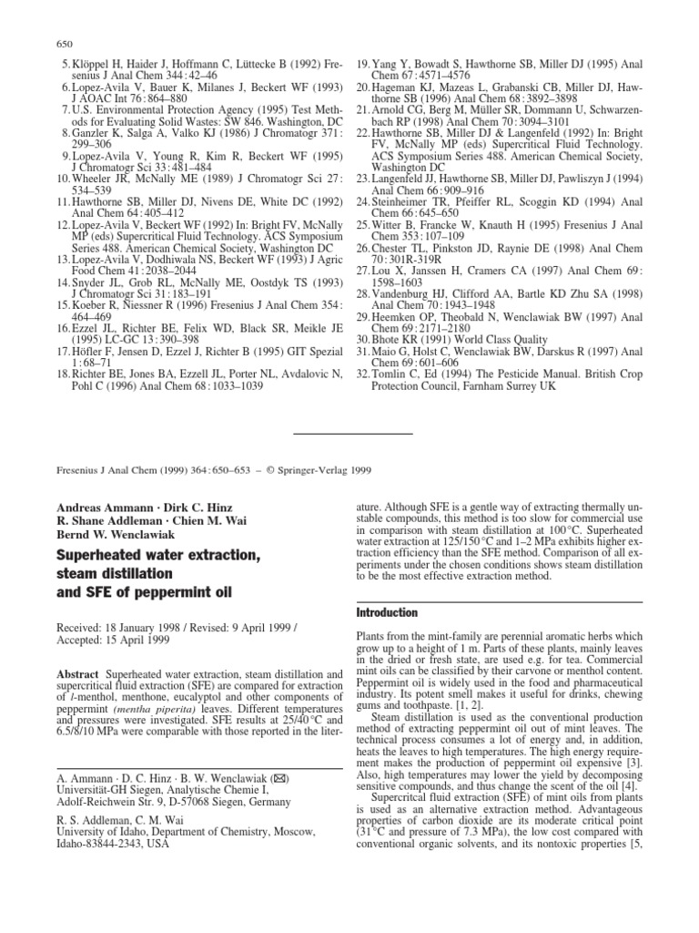 Superheated Water Extraction, Steam Distillation and SFE of Peppermint Oil | PDF | Science ...