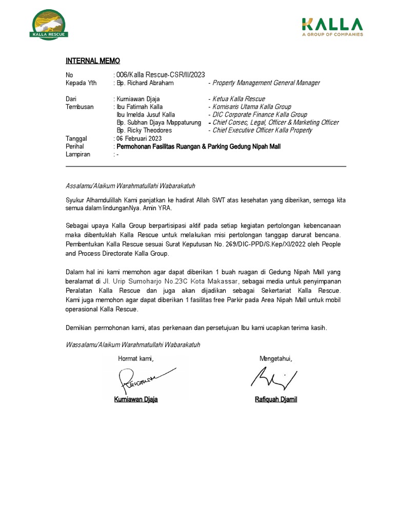 006 - Surat Permohonan Fasilitas Ruangan & Parking Nipah Mall | PDF