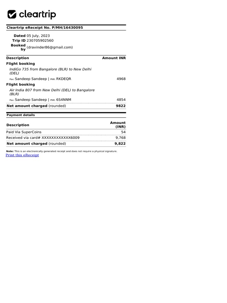 Cleartrip Flight Booking eReceipt | PDF | Finance & Money Management