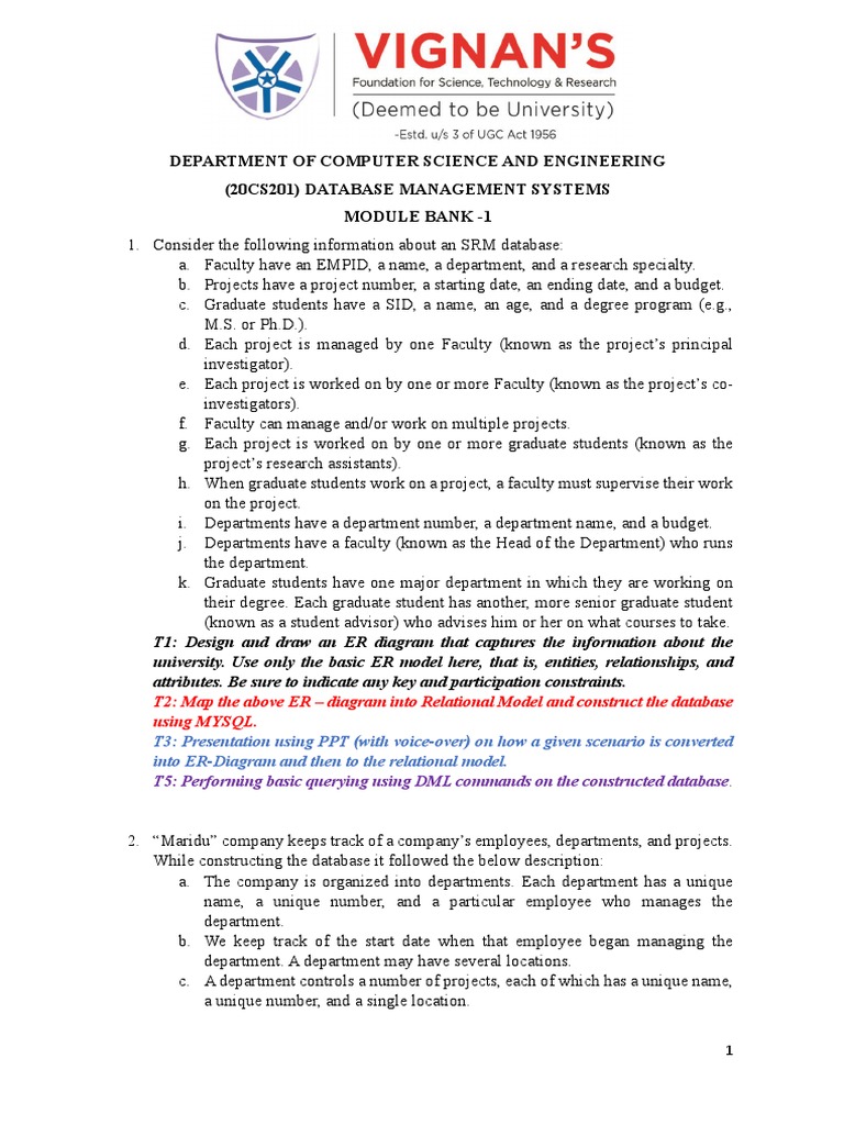 Department of Computer Science and Engineering (20Cs201) Database Management Systems Module Bank ...