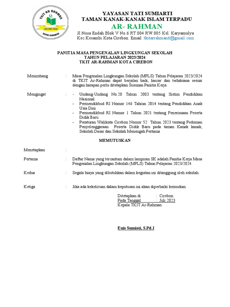 SK Panitia Mpls TK 2023 | PDF