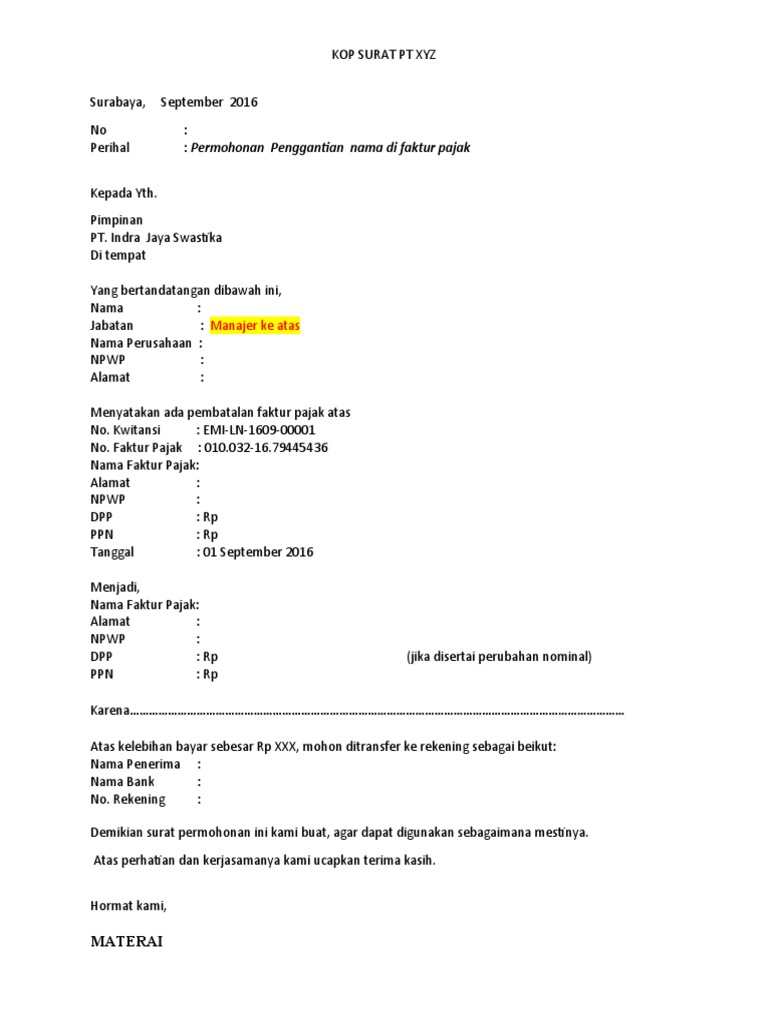 DRAFT Surat Ganti Nama FP (NPWP Beda) | PDF