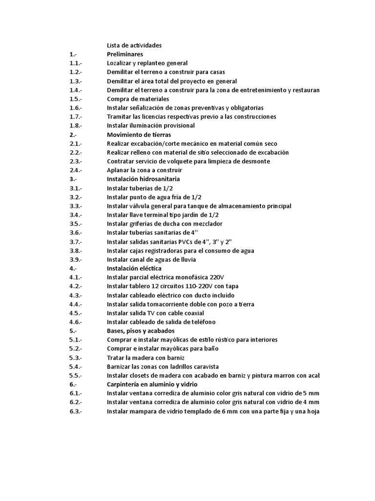 Lista de Actividades RESORT | PDF