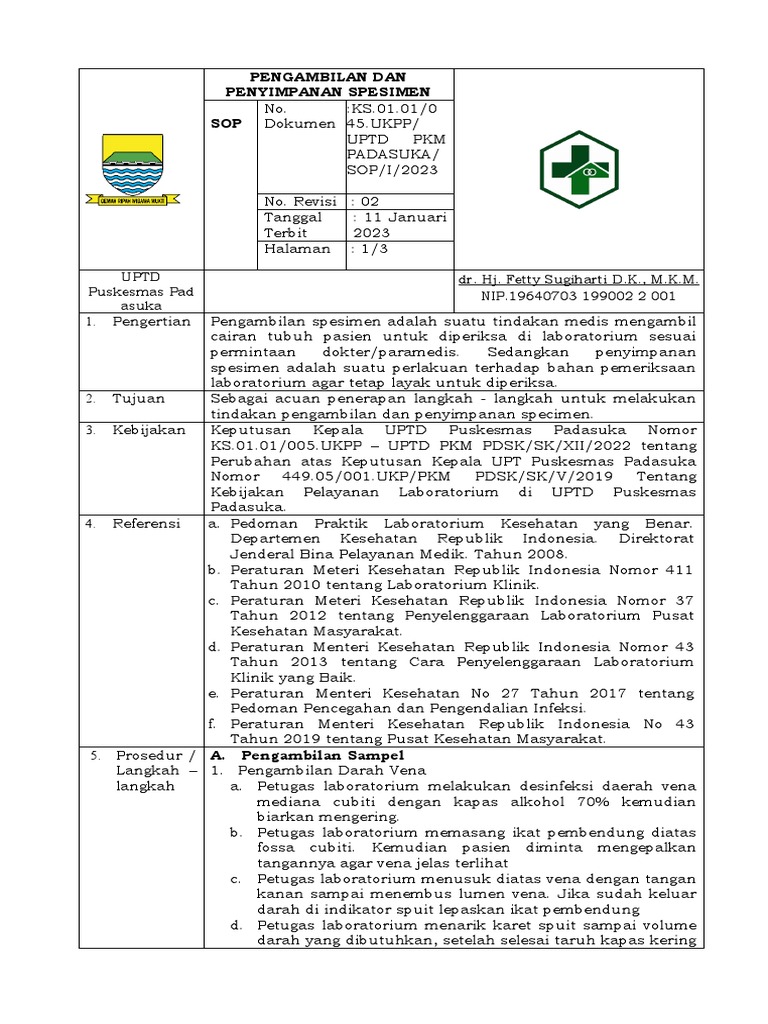 SOP Pengambilan Dan Penyimpanan Spesimen | PDF