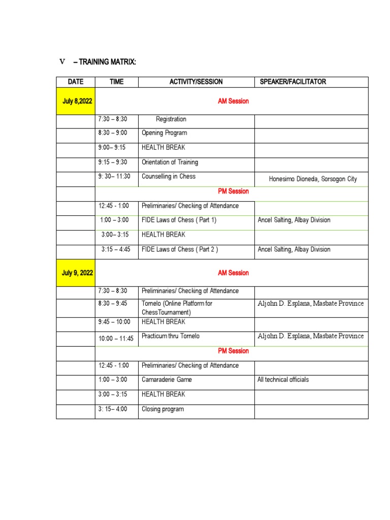 Chess Training Matrix Overview | PDF