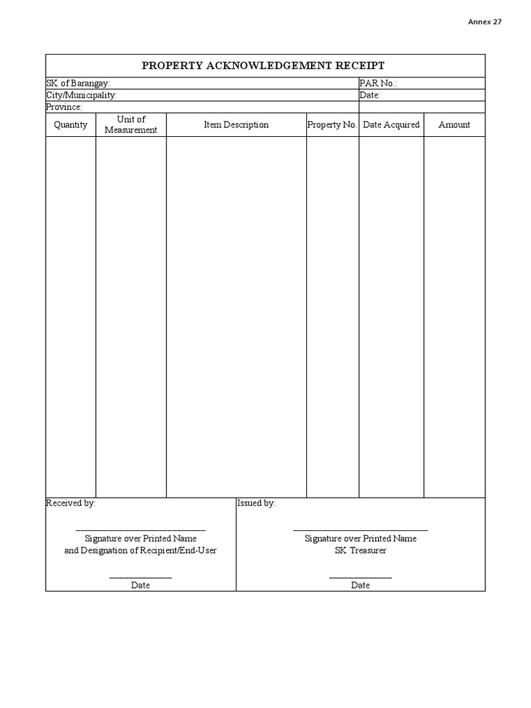 Property Acknowledgement Receipt: Annex 27 | PDF