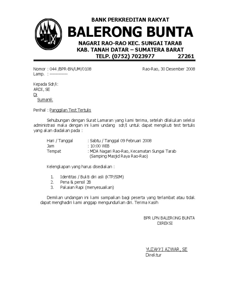 Panggilan Test Tertulis BPR Balerong Bunta | PDF