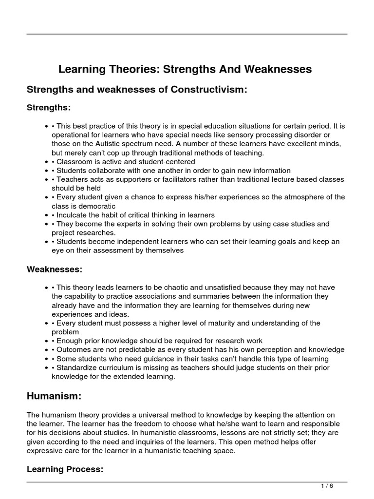 Learning Theories Strengths and Weaknesses | PDF