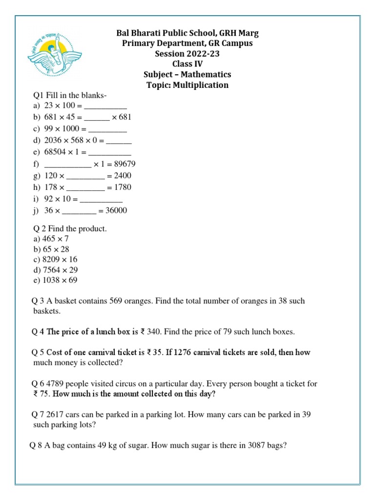 MATHS - C4 - Class IV Multiplication | PDF
