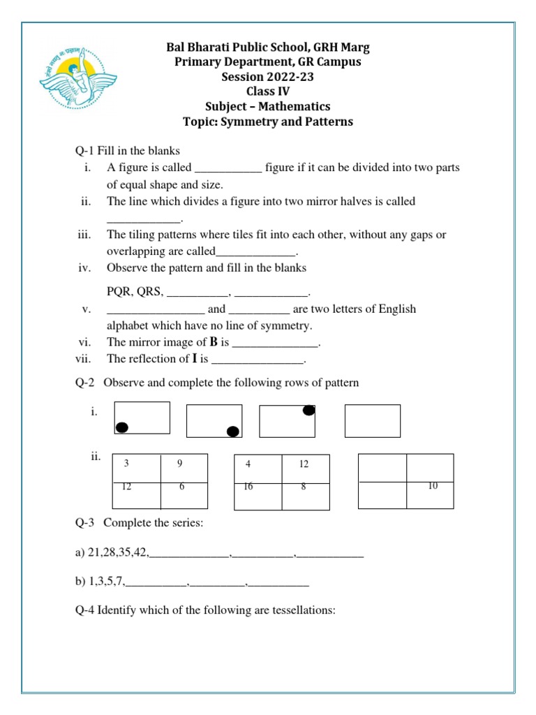 Class 4 Maths: Symmetry & Patterns Worksheet | PDF