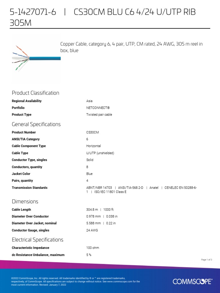 CommScope 5-1427071-6 Copper Cable, Category 6, 4 Pair, UTP, CM Rated ...