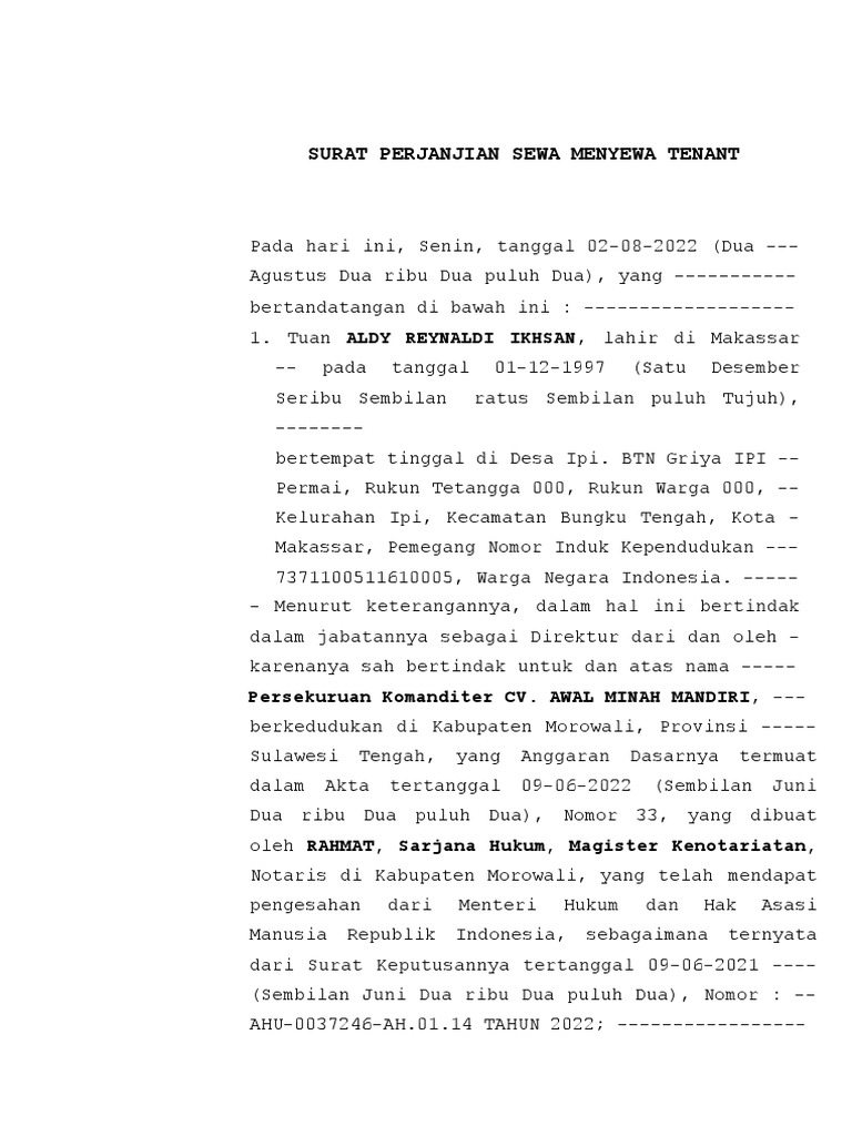 Perjanjian Sewa Kontrak Tenant | PDF