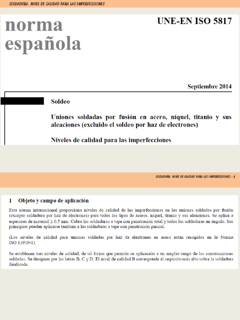 UNE-EN ISO 5817. Uniones Soldadas Por Fusión de Aceros (Níquel y ...