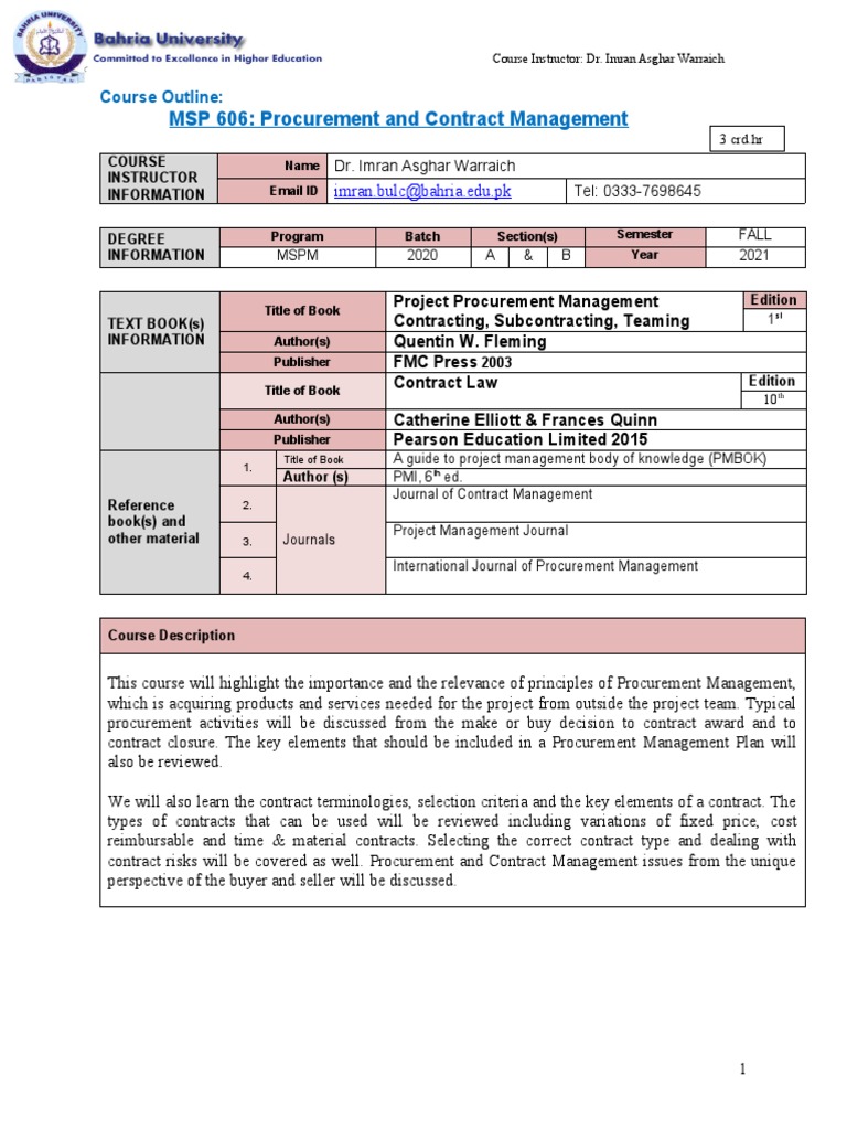 MSP 606 - Project Procurement and Contract Management | PDF
