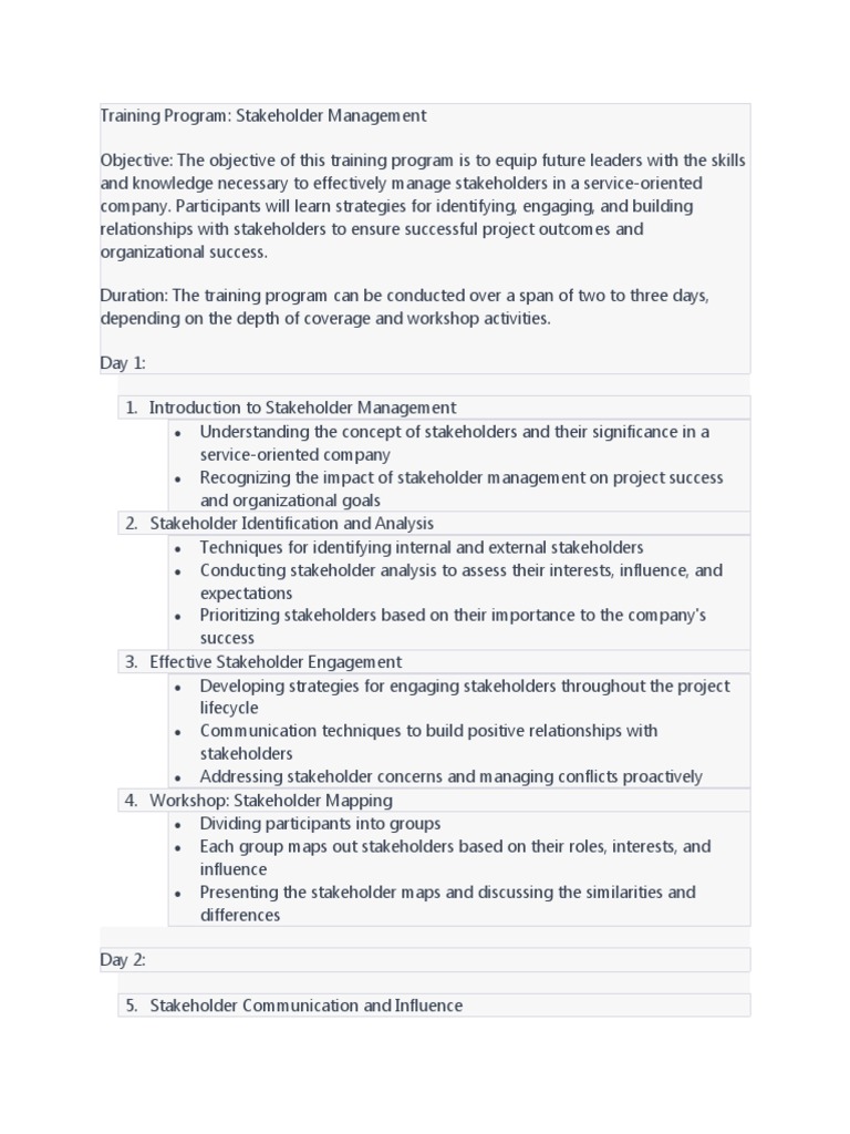 Stakeholder Management Plan Training Program Pdf Stakeholder