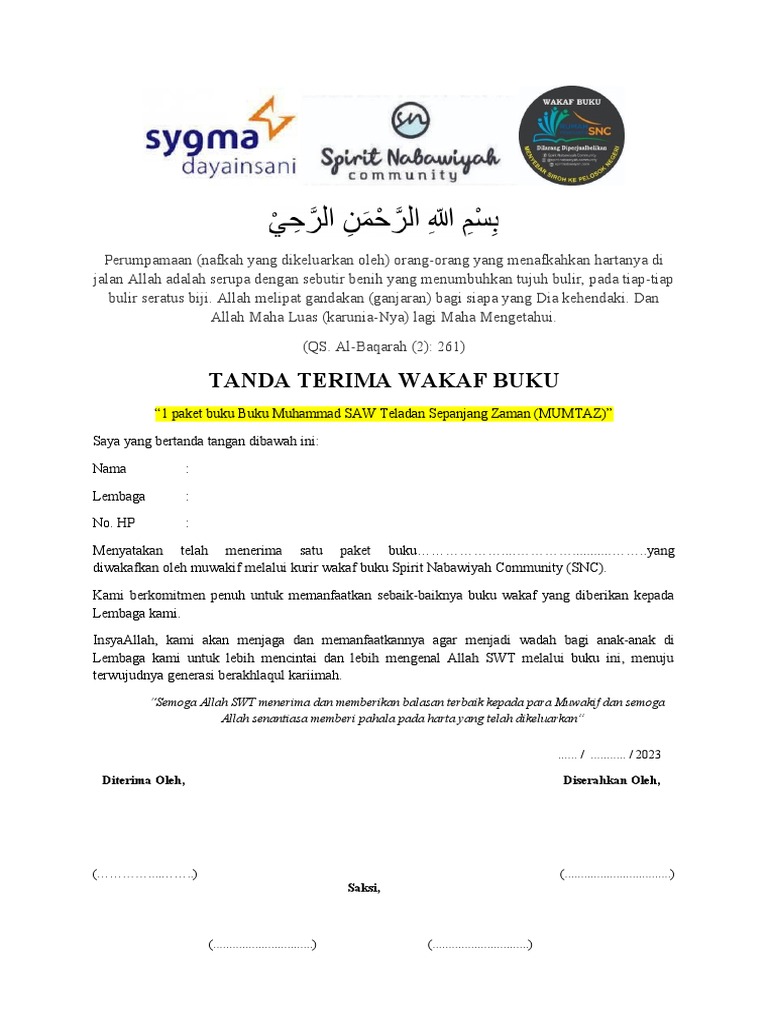 Contoh Tanda Terima Wakaf | PDF