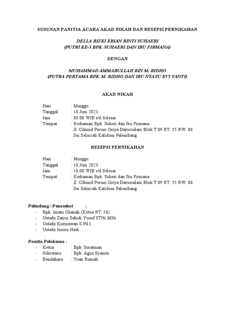 Susunan Panitia Acara Akad Nikah Dan Resepsi Pernikahan | PDF