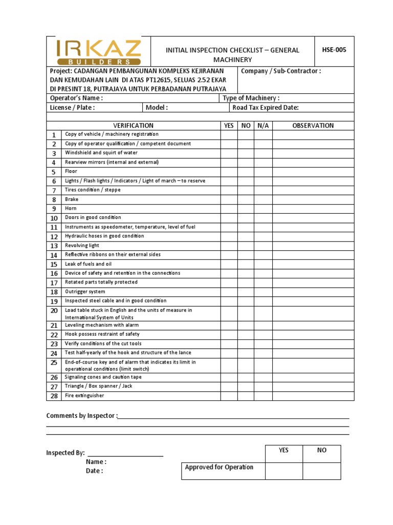 HSE-005 General Machinery Checklist | PDF