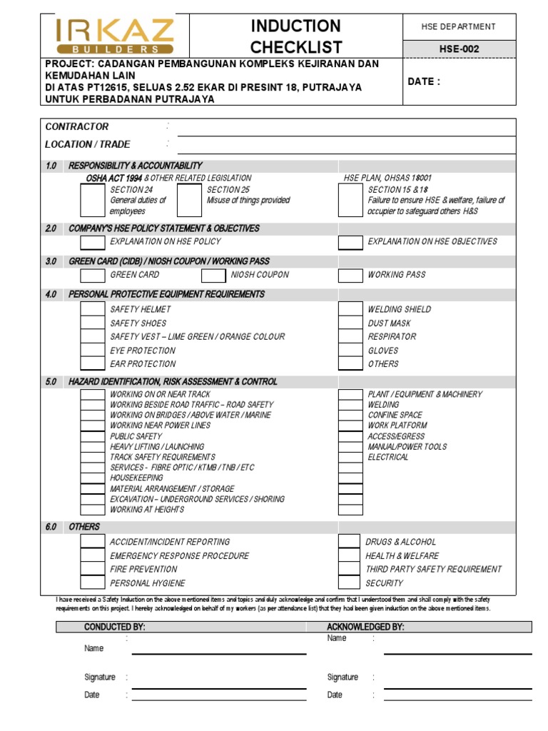 Hse 002 Induction Checklist Pdf