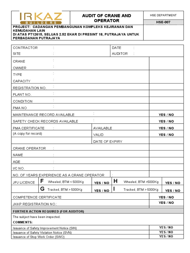 HSE-007 - Audit of Crane & Operator | PDF