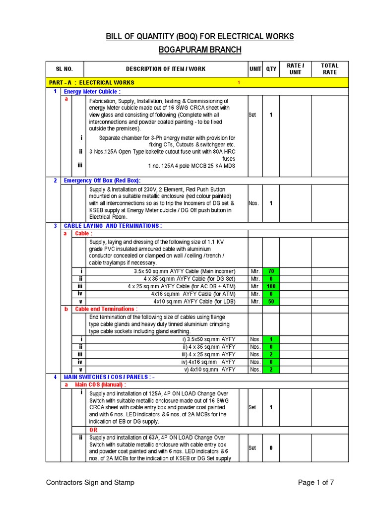Bill of Quantity (Boq) For Electrical Works Bogapuram Branch | PDF ...