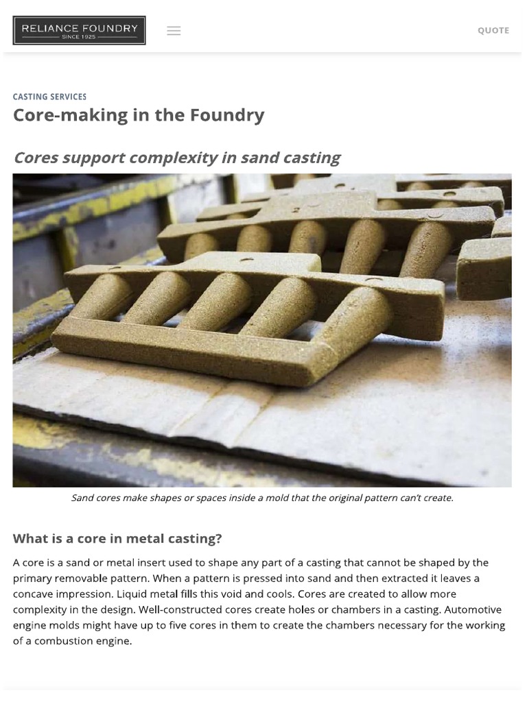 Coremaking - Life of A Casting - Reliance Foundry | PDF