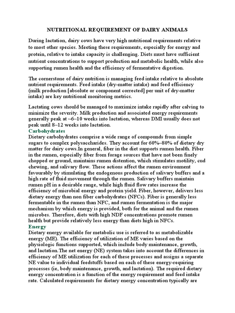 Nutritional Needs of Lactating Dairy Cows | PDF | Fat | Diet & Nutrition