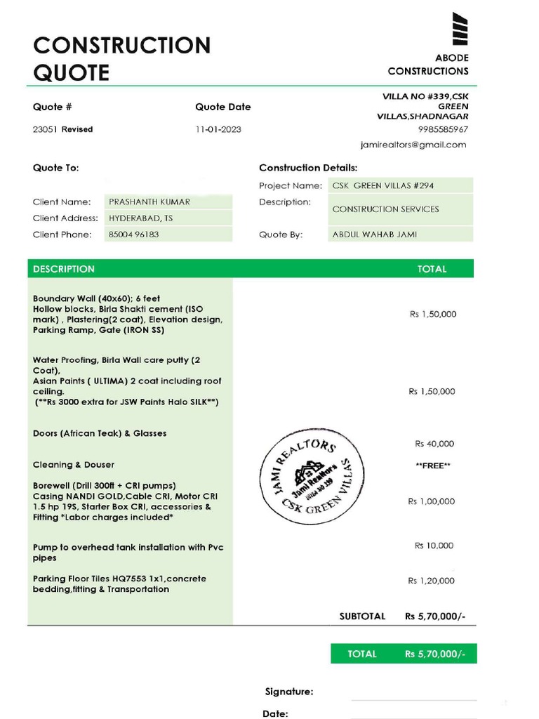 Villa Construction Quotation | PDF