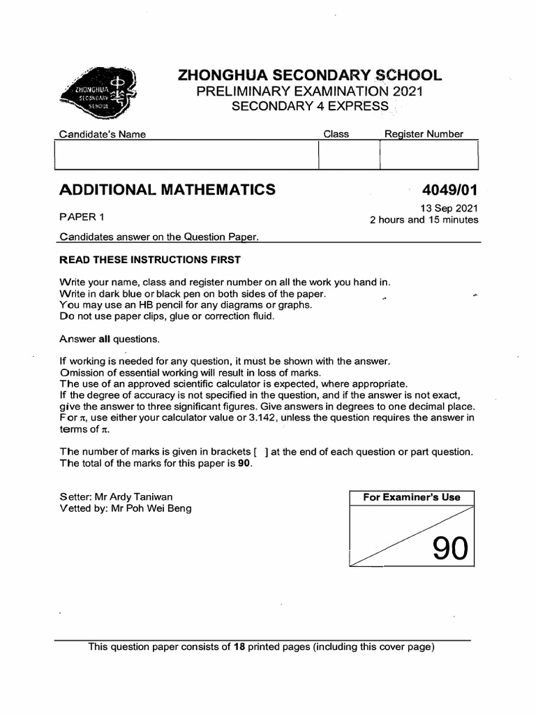 A-Math - Sec 4 Prelims Exam Paper - 2021 - Zhonghua Sec - Short Ans | PDF