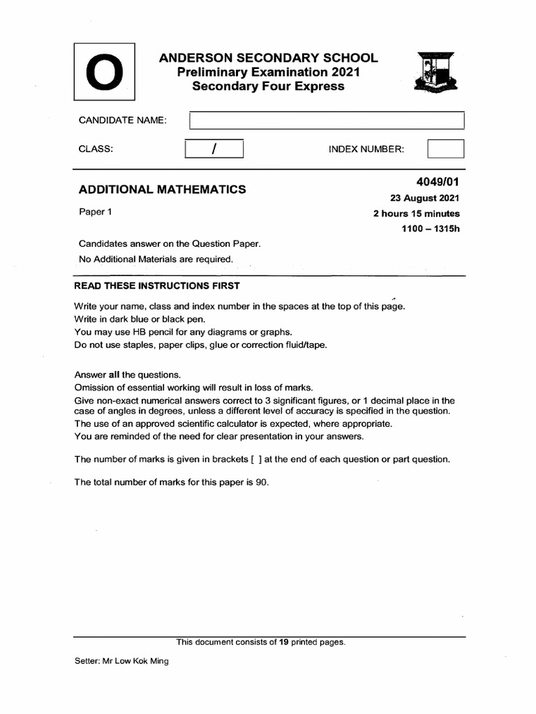 A-Math - Sec 4 Prelims Exam Paper - 2021 - Anderson Sec - Short Ans | PDF