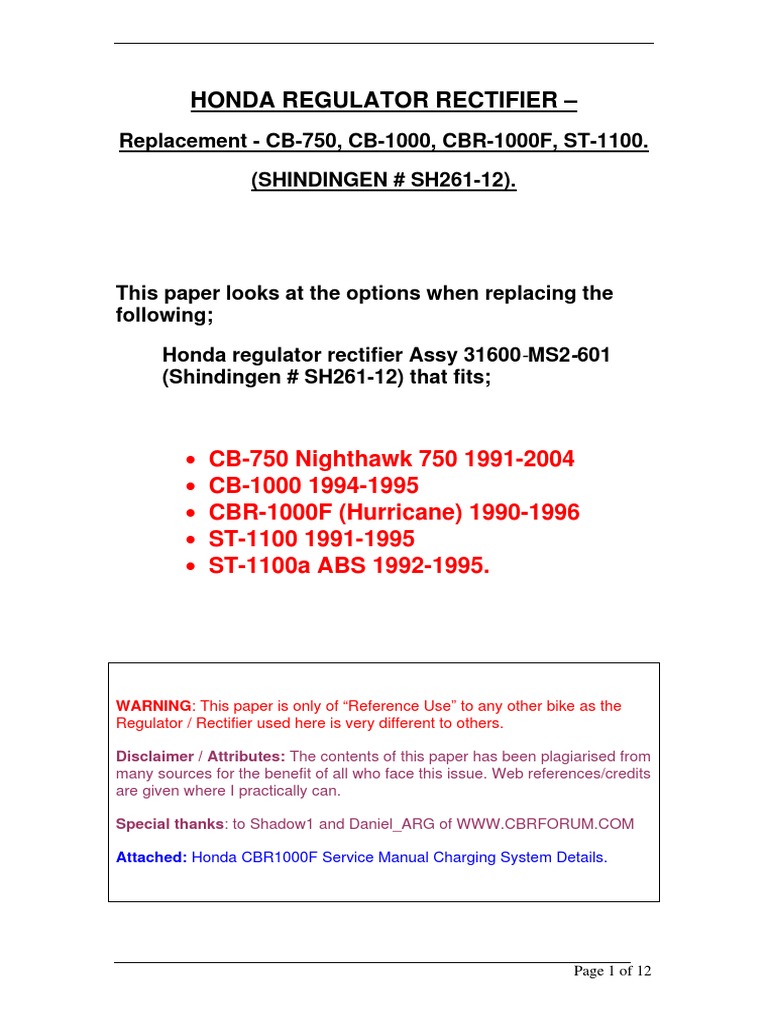 Honda Regulator Rectifier - Replacement - For Cb-750, Cbr-1000, Cbr ...