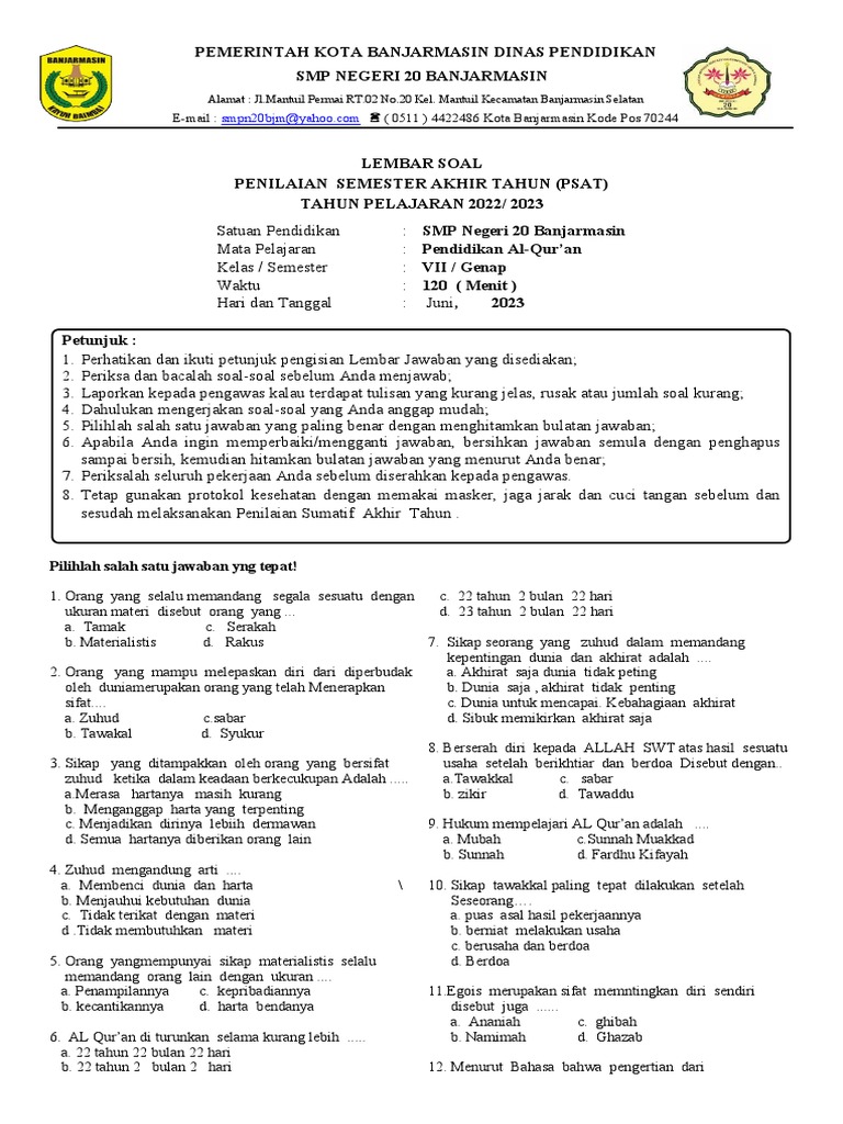 Ulangan Umum Bta Semester GENAP Kelas 7 Tahun 2023 | PDF